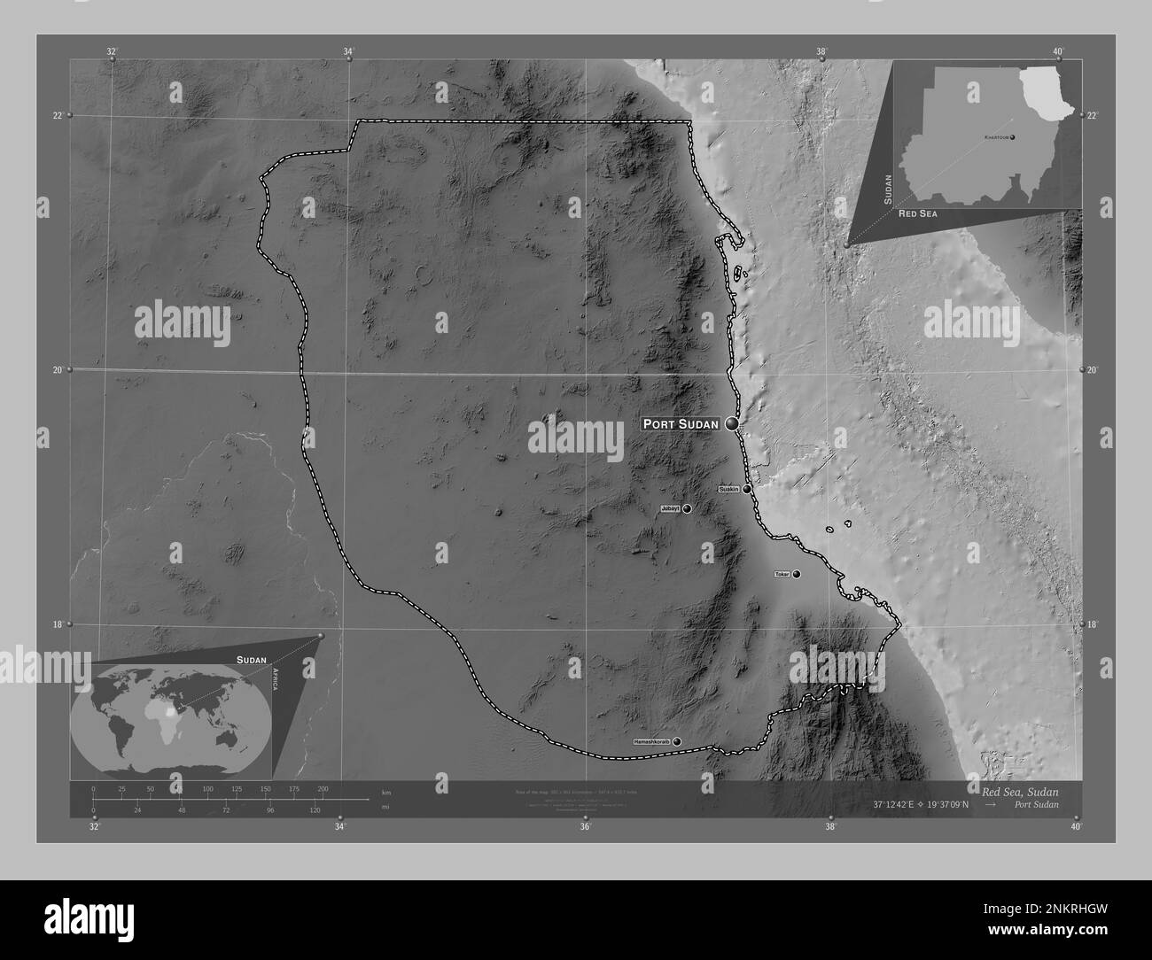 Red Sea, state of Sudan. Grayscale elevation map with lakes and rivers ...
