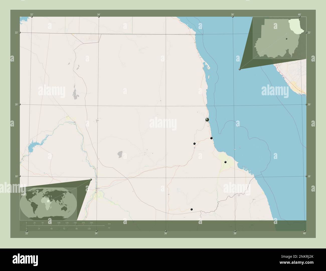 Red Sea, state of Sudan. Open Street Map. Locations of major cities of ...