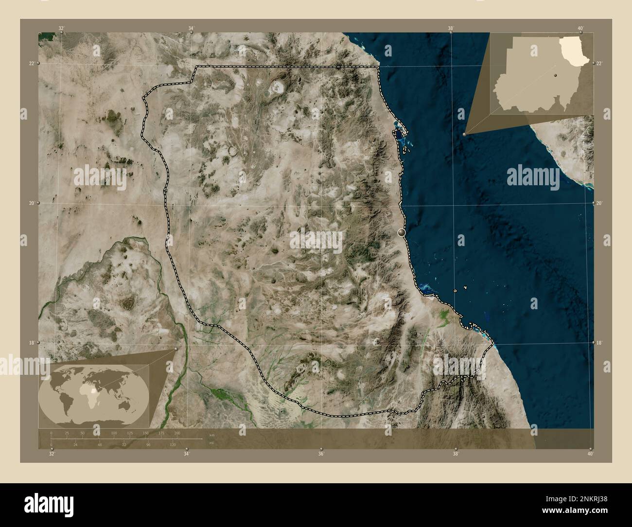 Red Sea, state of Sudan. High resolution satellite map. Corner ...