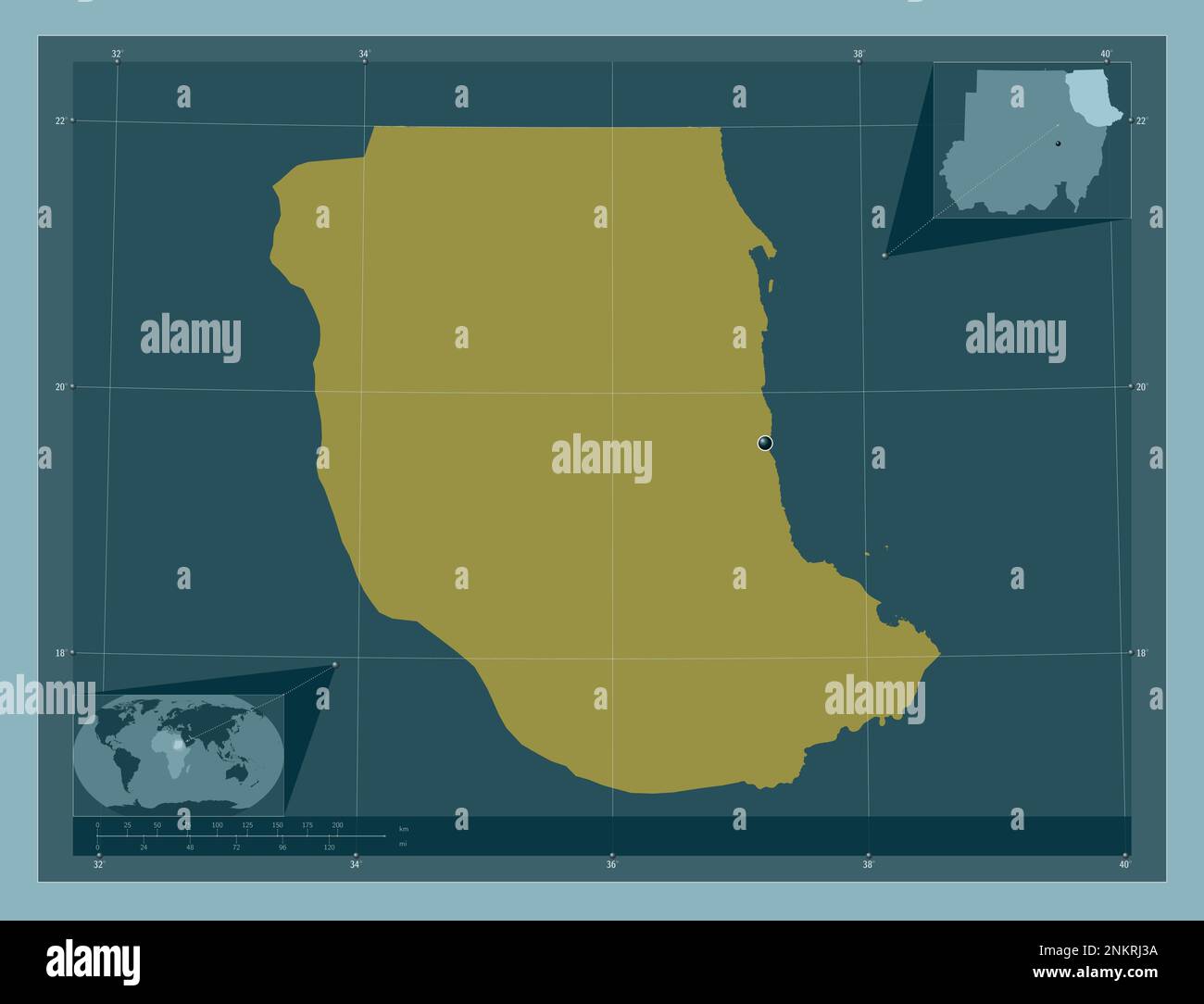 Red Sea, state of Sudan. Solid color shape. Corner auxiliary location ...