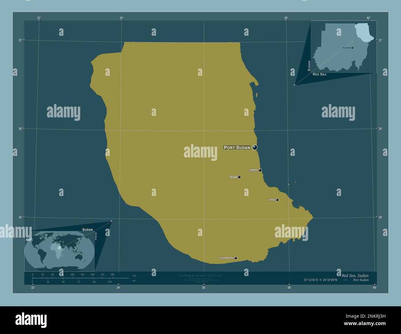 Red Sea, state of Sudan. Solid color shape. Locations and names of ...