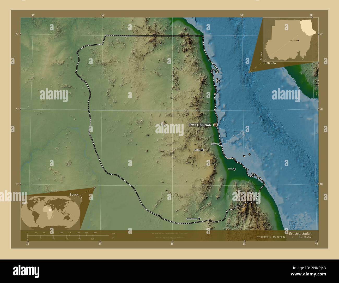 Red Sea, state of Sudan. Colored elevation map with lakes and rivers ...