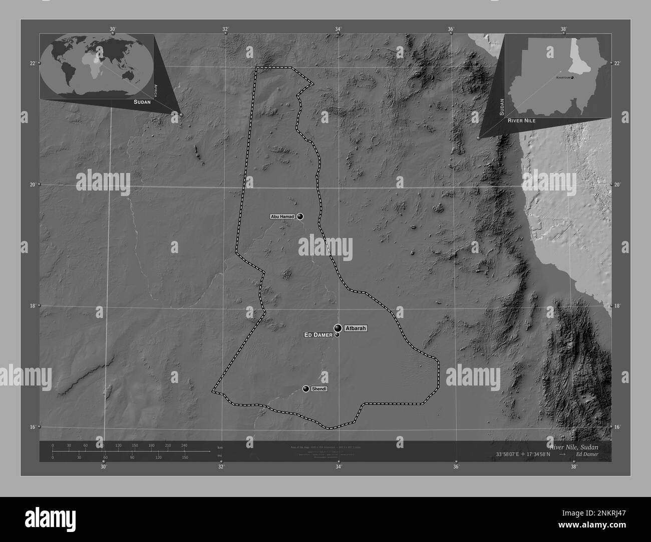 River Nile, state of Sudan. Bilevel elevation map with lakes and rivers ...