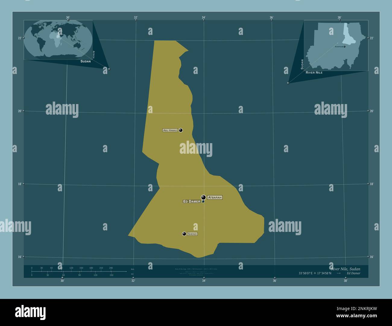 River Nile, state of Sudan. Solid color shape. Locations and names of ...