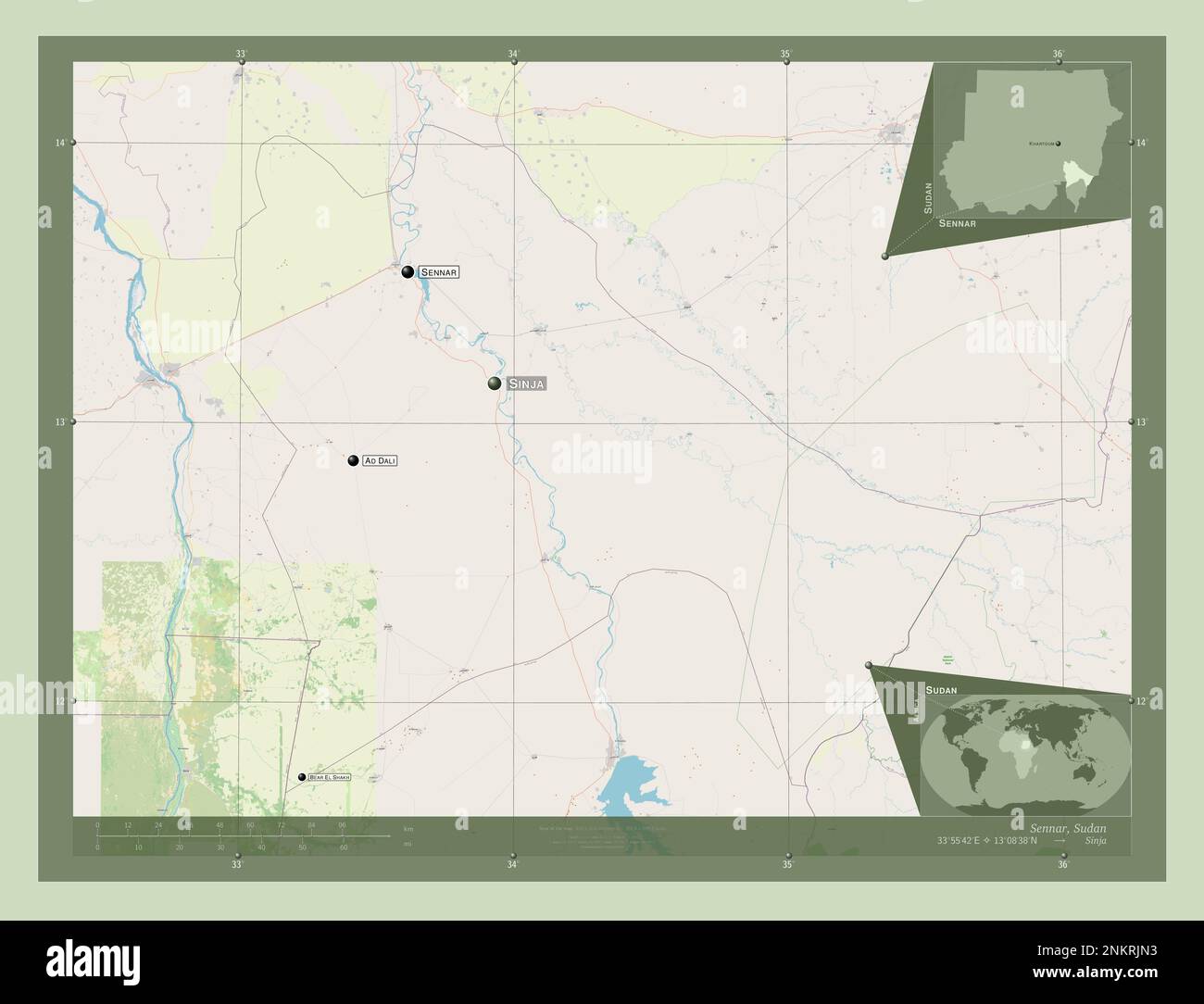 Sennar, state of Sudan. Open Street Map. Locations and names of major ...