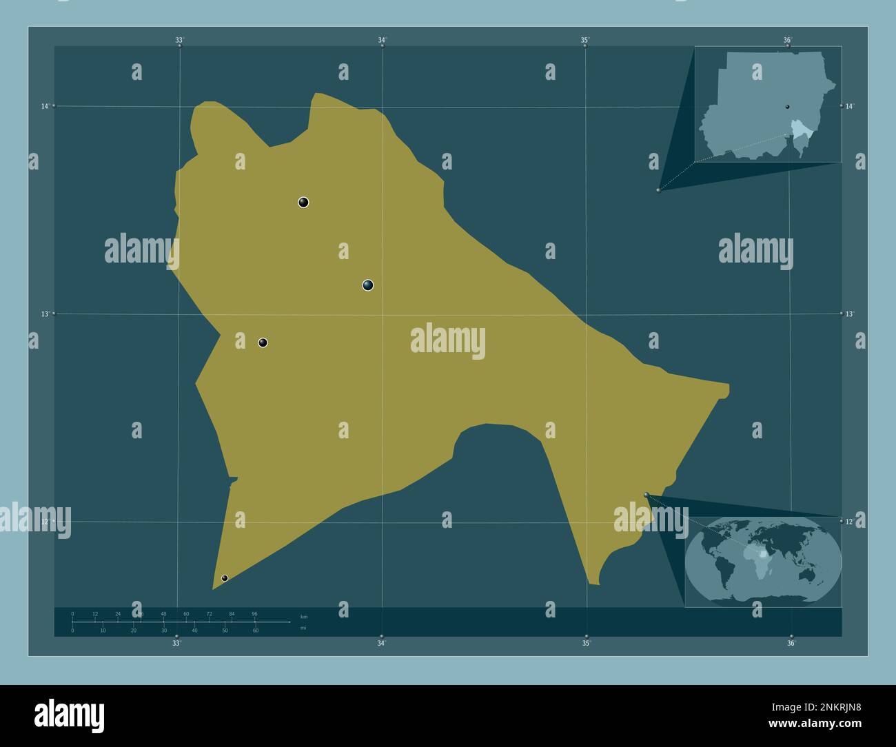 Sennar, state of Sudan. Solid color shape. Locations of major cities of ...