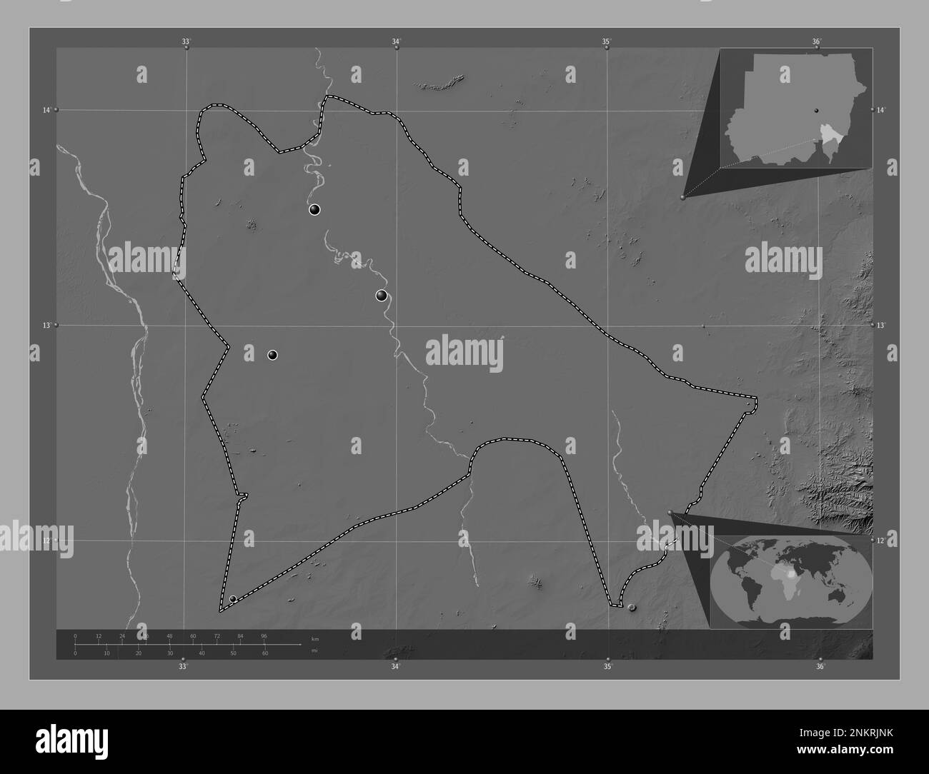 Sennar, state of Sudan. Bilevel elevation map with lakes and rivers ...