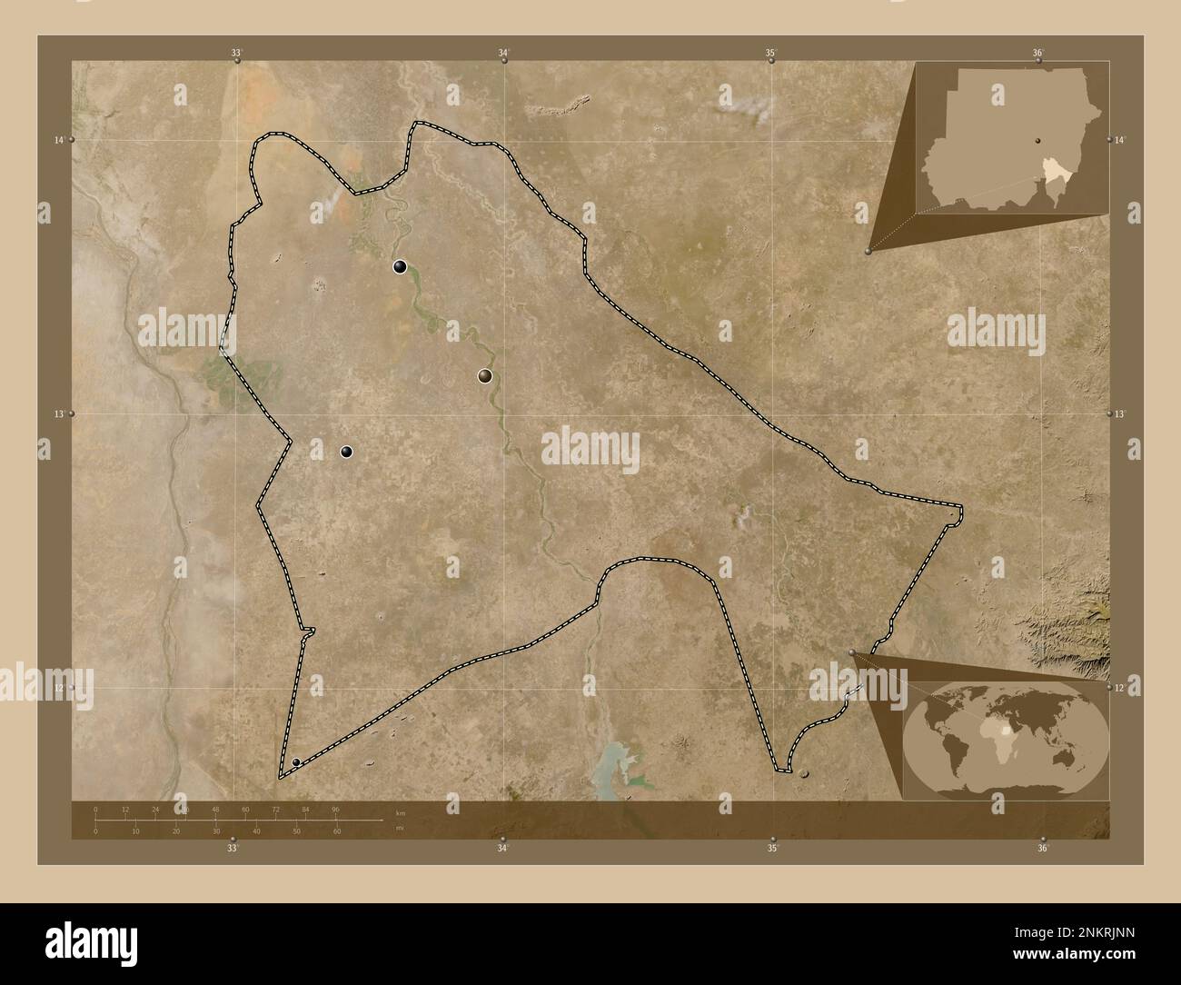 Sennar, state of Sudan. Low resolution satellite map. Locations of ...