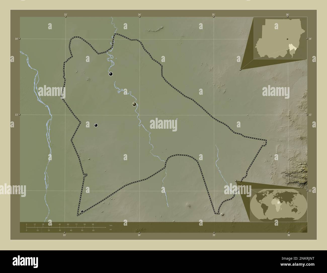 Sennar, state of Sudan. Elevation map colored in wiki style with lakes ...