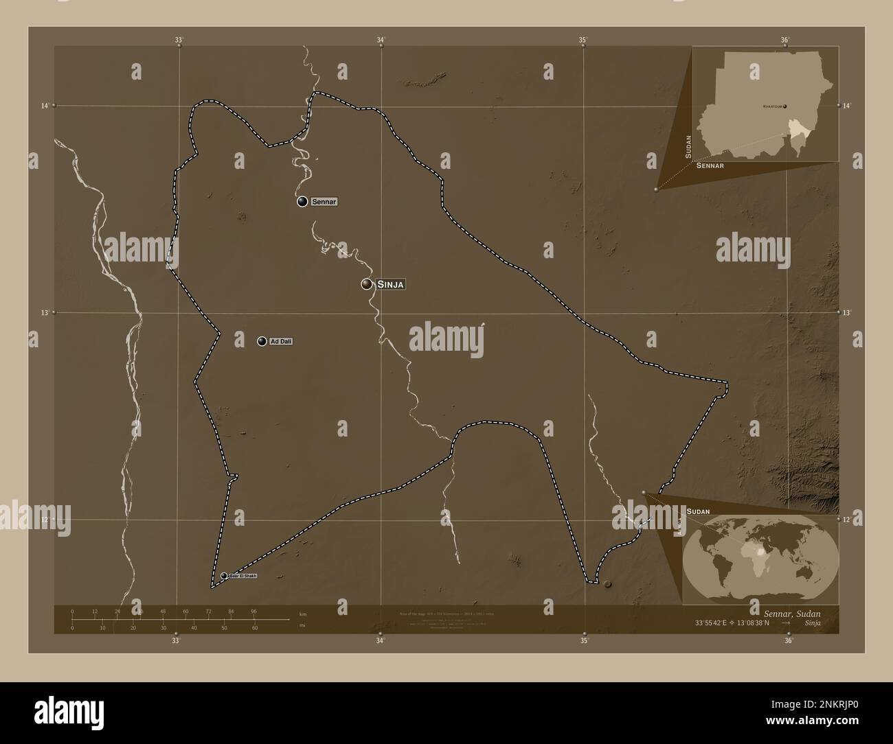 Sennar, state of Sudan. Elevation map colored in sepia tones with lakes ...