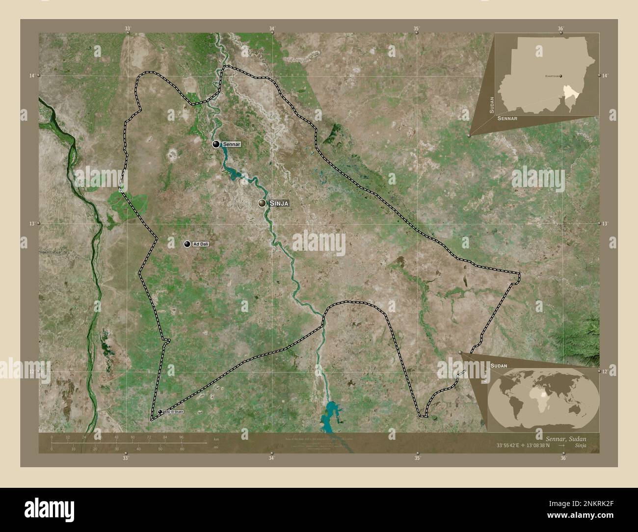 Sennar, state of Sudan. High resolution satellite map. Locations and ...