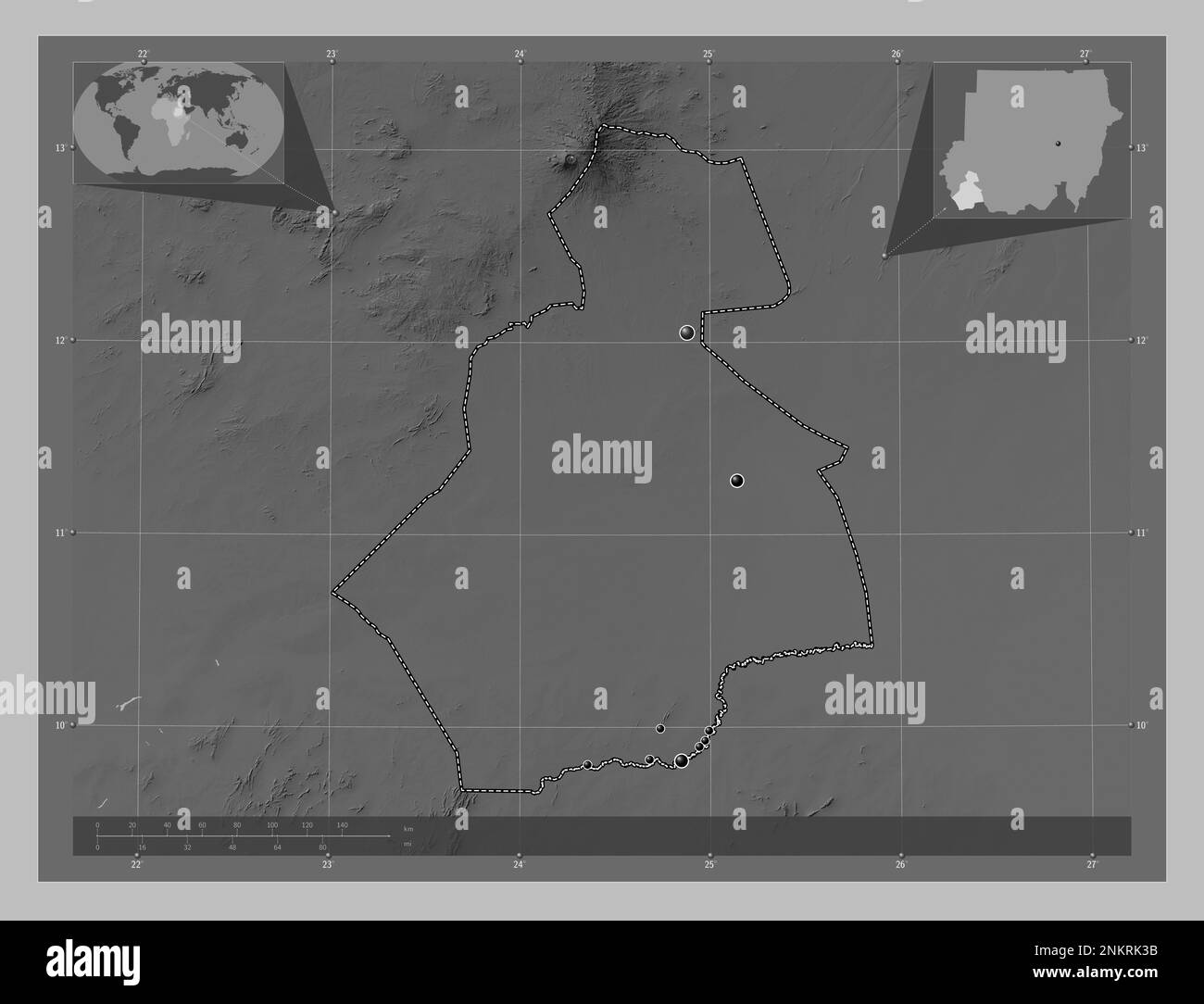 South Darfur, state of Sudan. Grayscale elevation map with lakes and ...