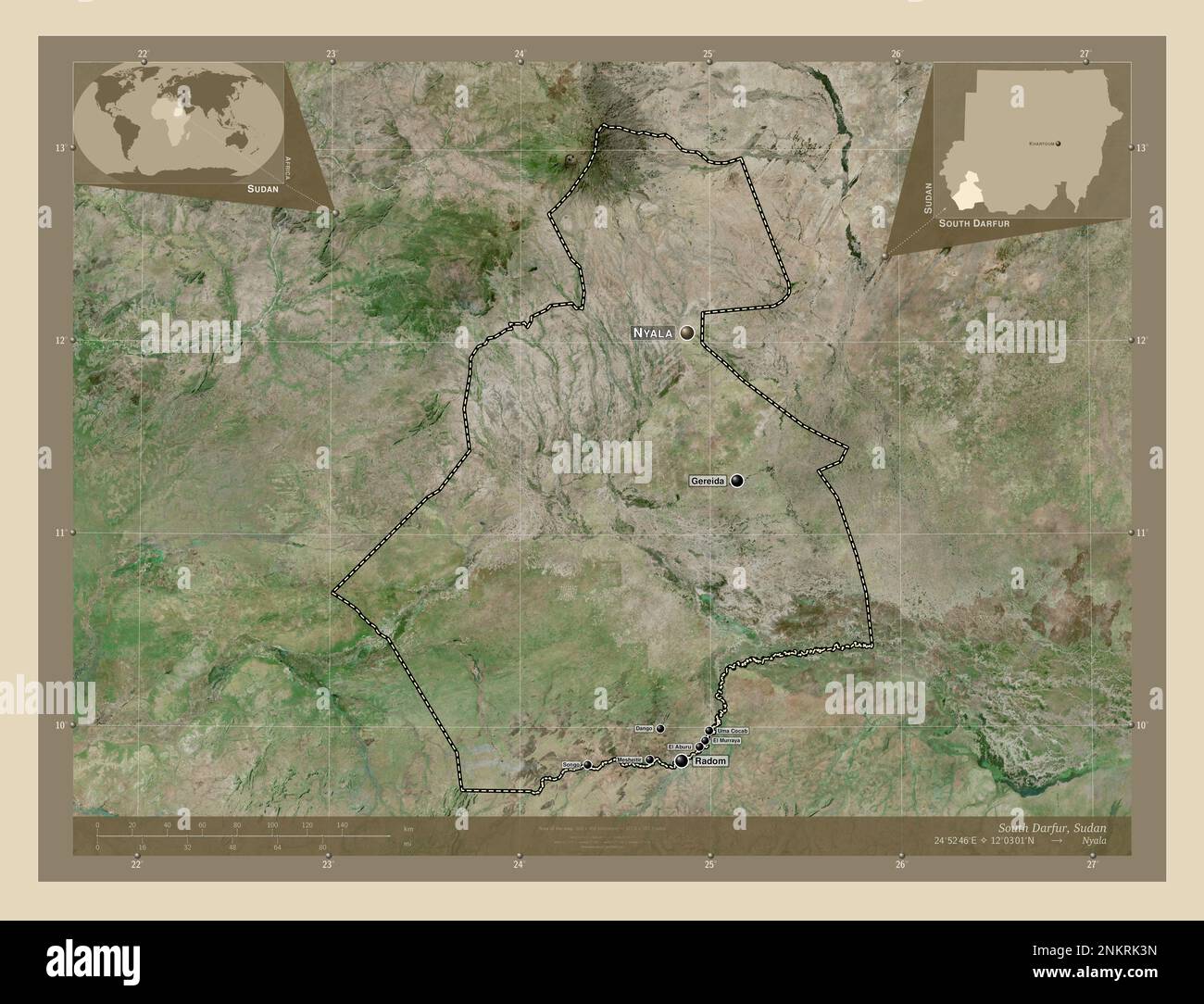 South Darfur, state of Sudan. High resolution satellite map. Locations ...