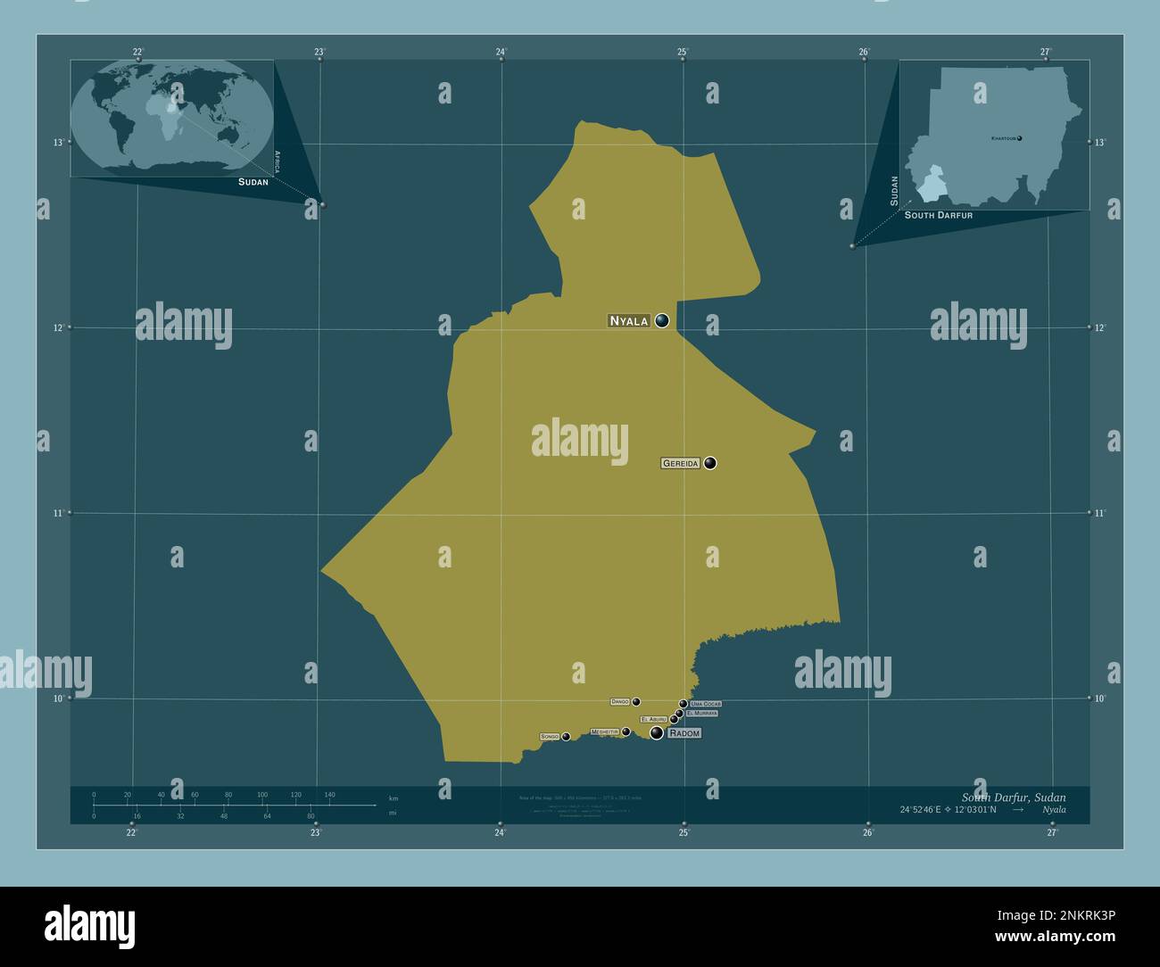 South Darfur, state of Sudan. Solid color shape. Locations and names of ...