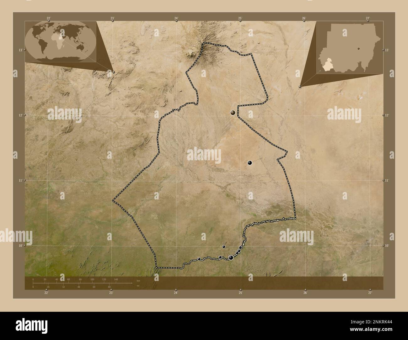 South Darfur, state of Sudan. Low resolution satellite map. Locations ...