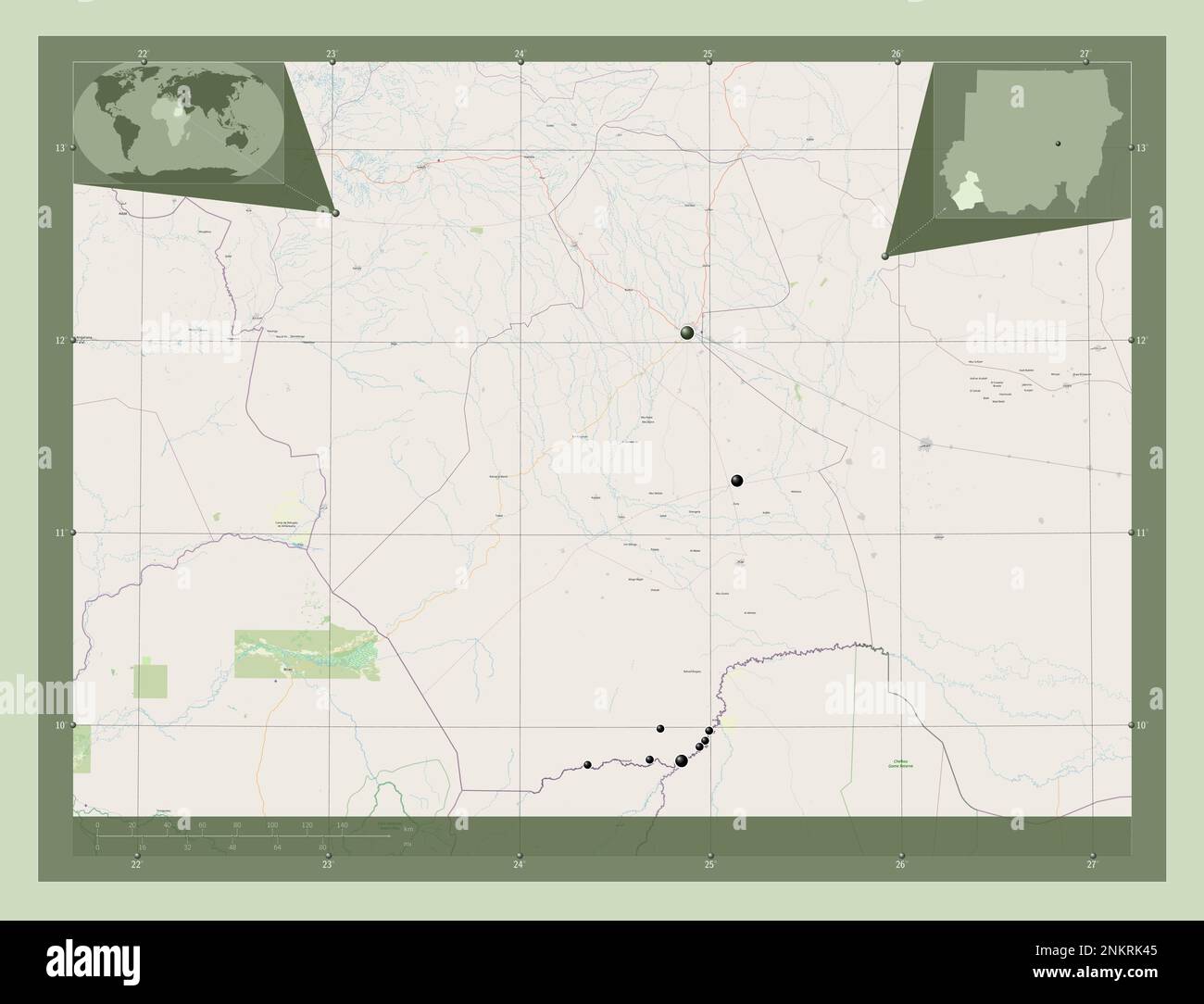 South Darfur, state of Sudan. Open Street Map. Locations of major ...
