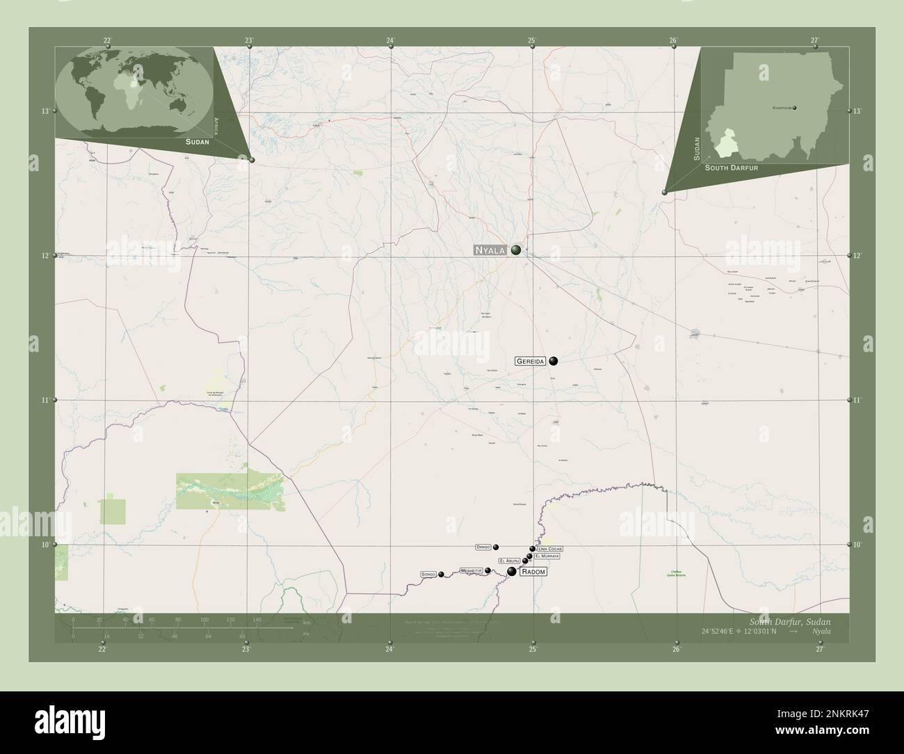 South Darfur, state of Sudan. Open Street Map. Locations and names of ...