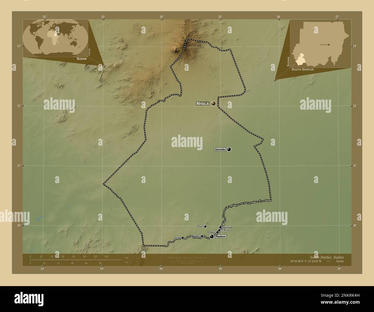 South Darfur, state of Sudan. Colored elevation map with lakes and ...