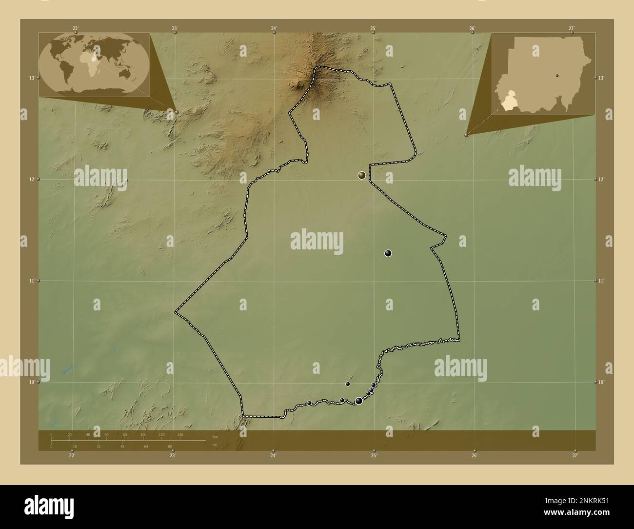 South Darfur, state of Sudan. Colored elevation map with lakes and ...