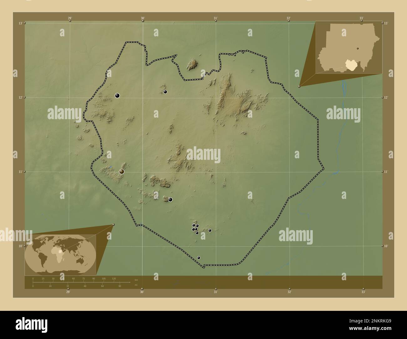 South Kurdufan, state of Sudan. Colored elevation map with lakes and ...