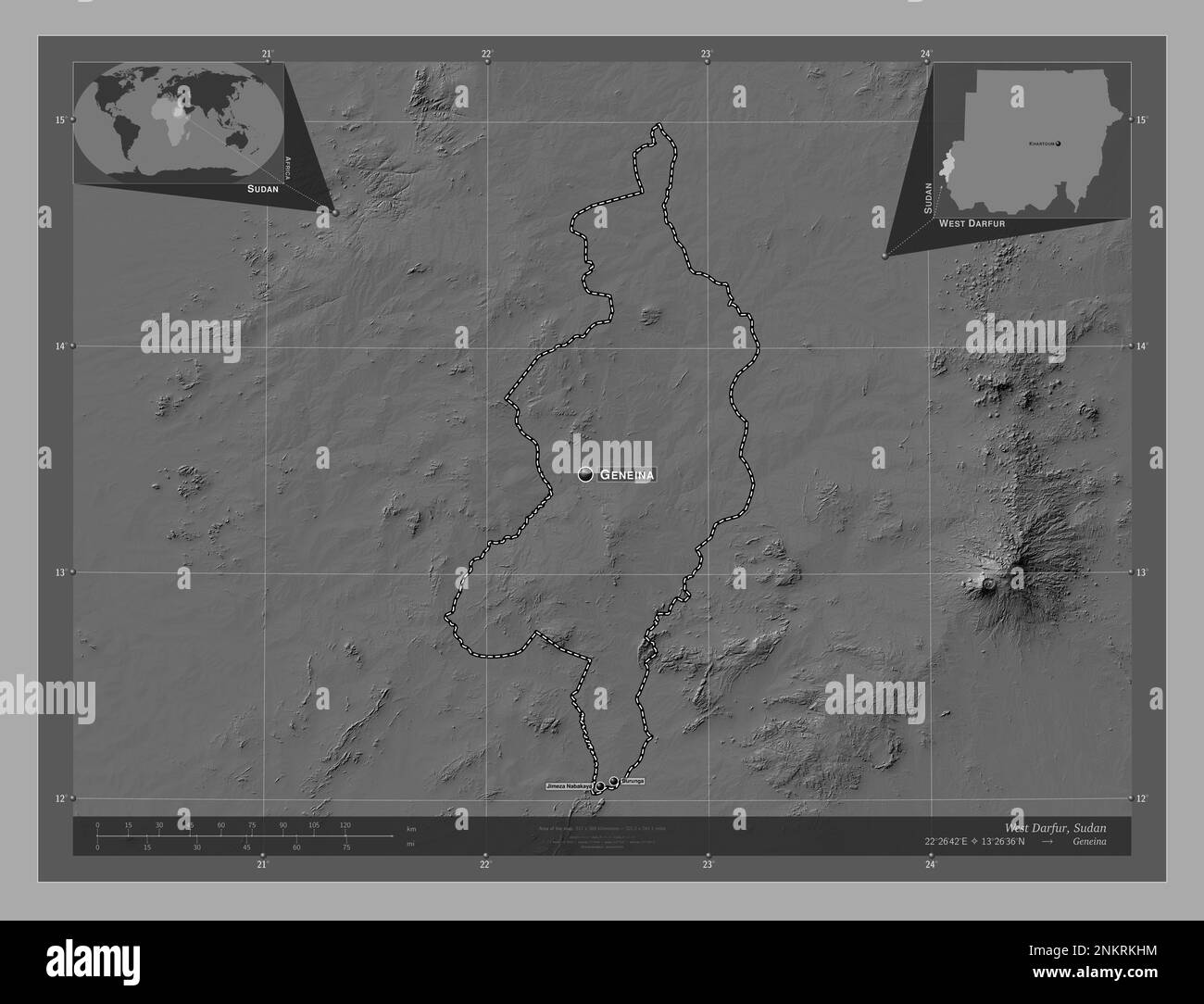 West Darfur, state of Sudan. Bilevel elevation map with lakes and ...