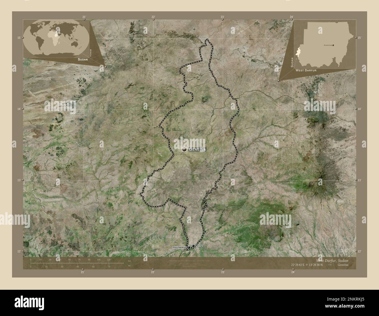 West Darfur, state of Sudan. High resolution satellite map. Locations ...