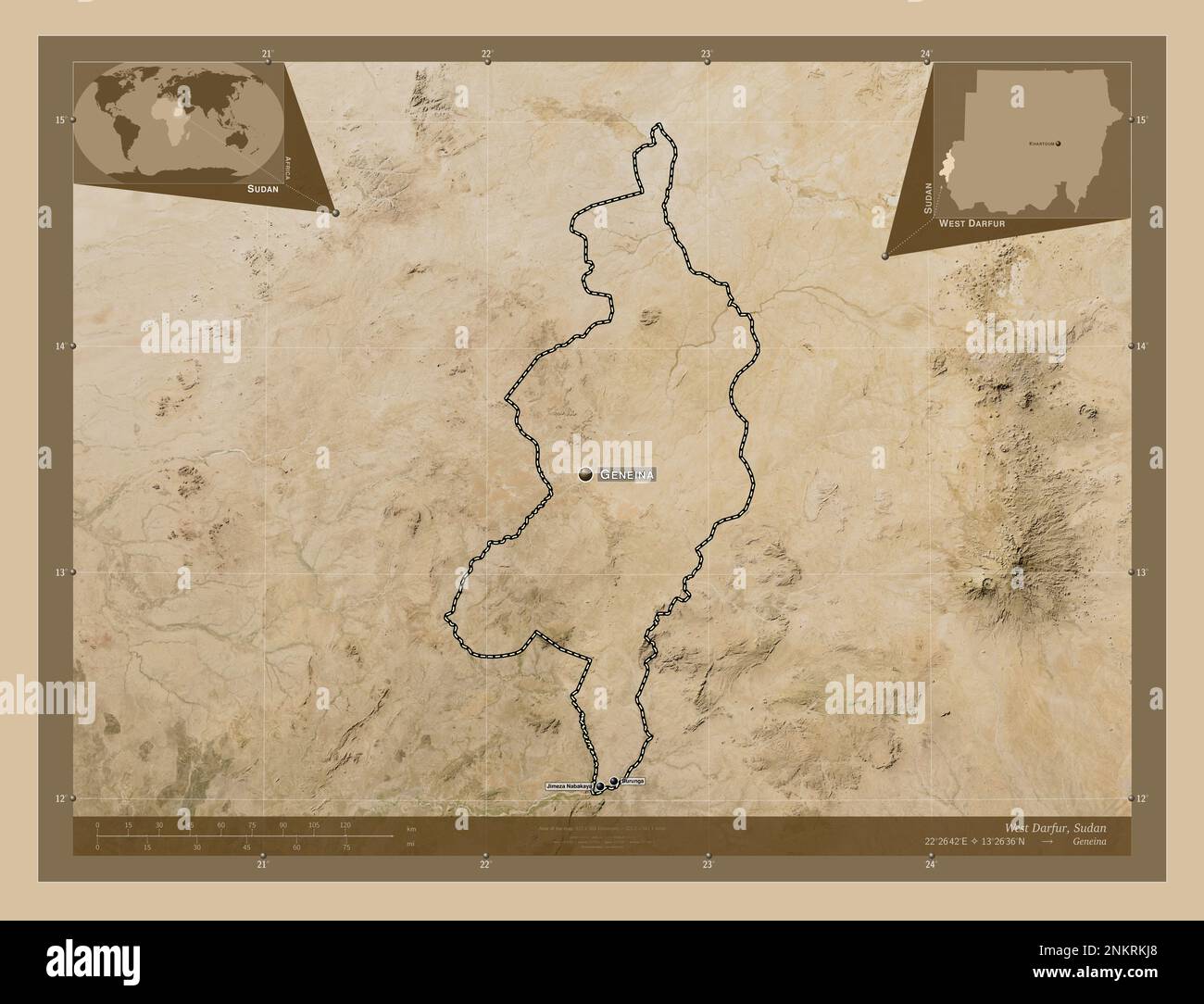 West Darfur, state of Sudan. Low resolution satellite map. Locations ...