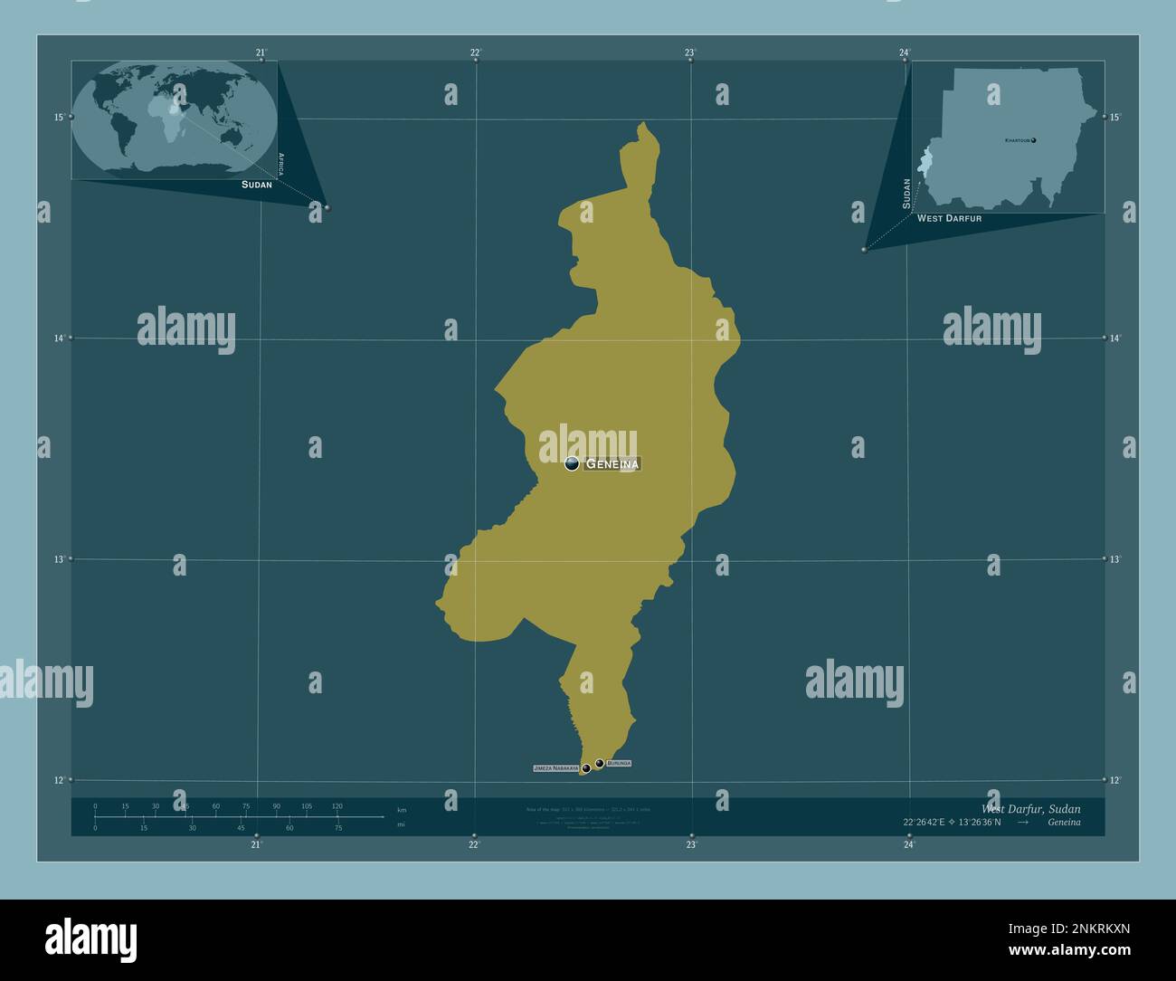 West Darfur, state of Sudan. Solid color shape. Locations and names of ...