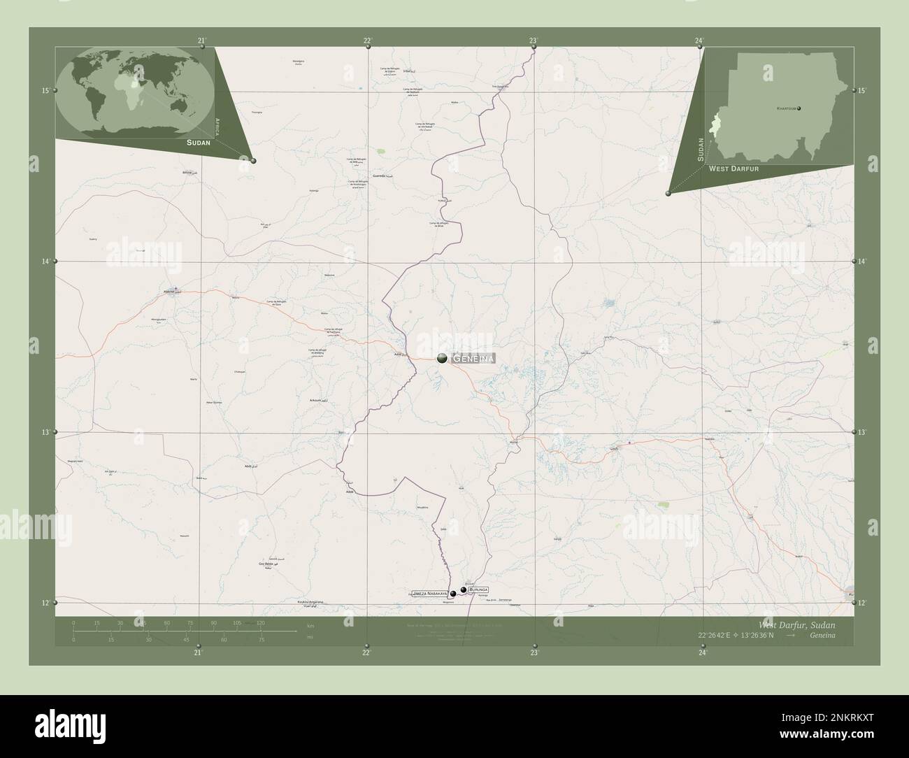West Darfur, state of Sudan. Open Street Map. Locations and names of ...