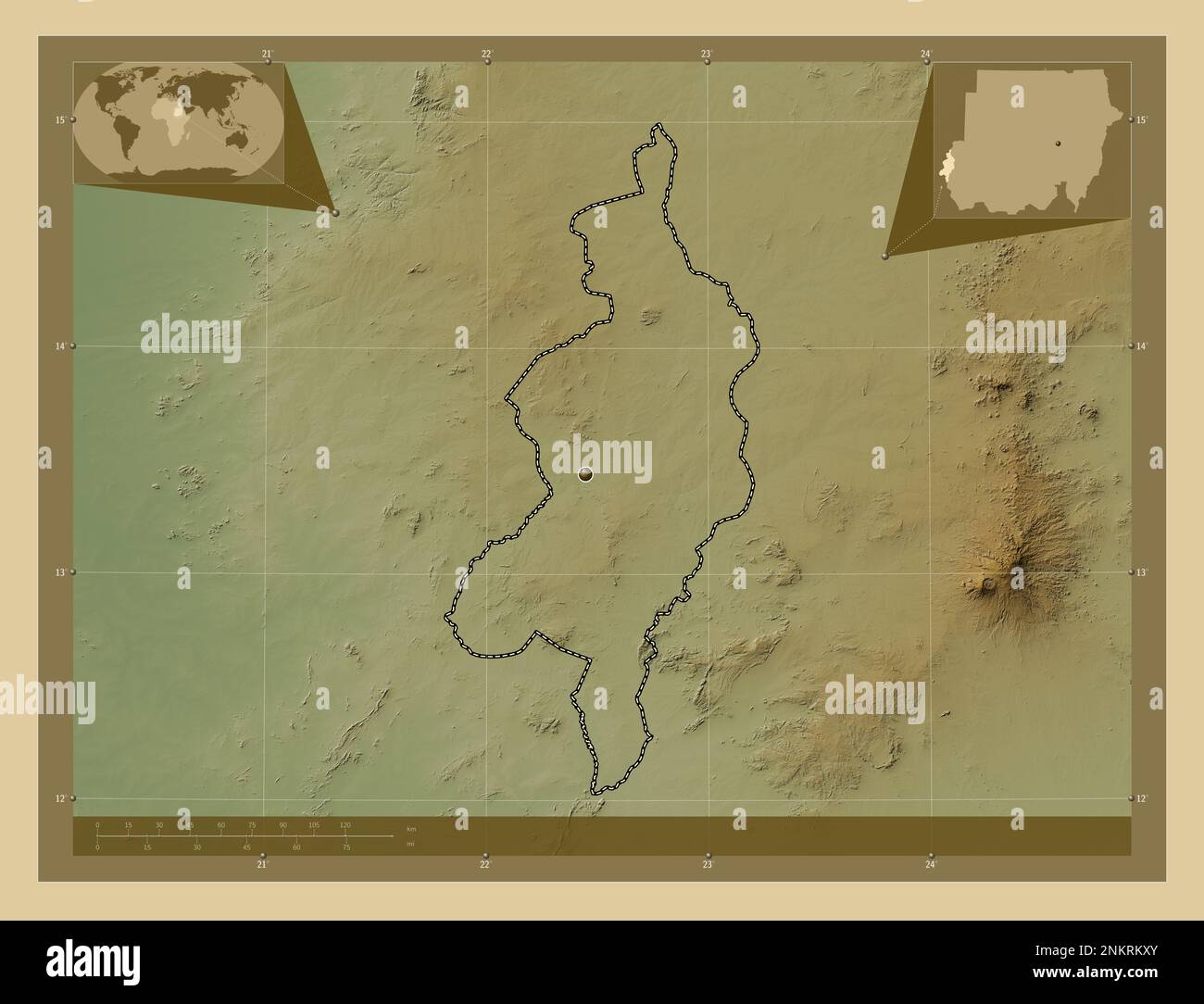 West Darfur, state of Sudan. Colored elevation map with lakes and ...