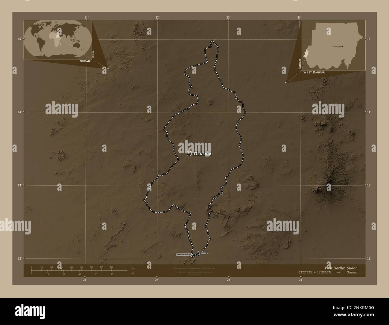 West Darfur, state of Sudan. Elevation map colored in sepia tones with ...