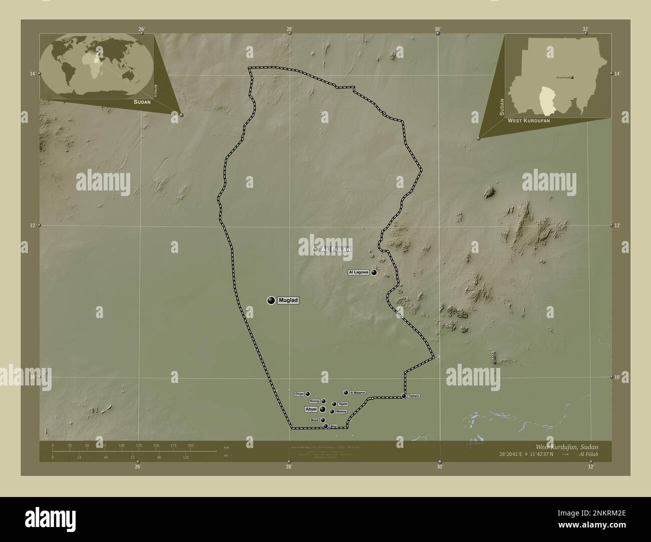 West Kurdufan, state of Sudan. Elevation map colored in wiki style with ...