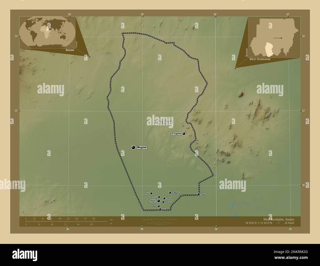 West Kurdufan, state of Sudan. Colored elevation map with lakes and ...