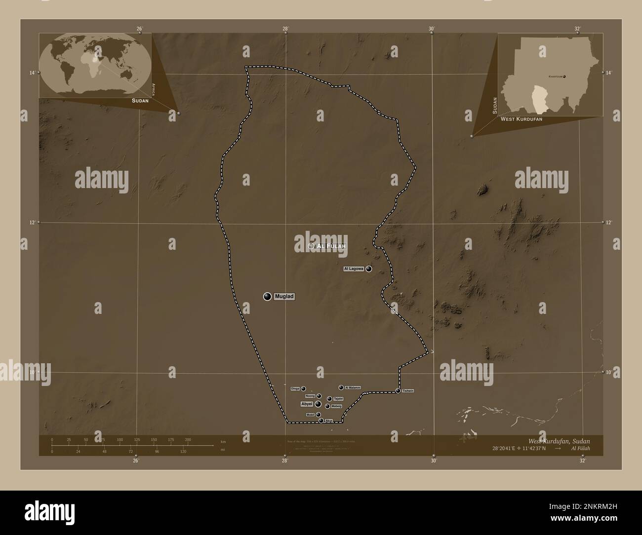 West Kurdufan, state of Sudan. Elevation map colored in sepia tones ...