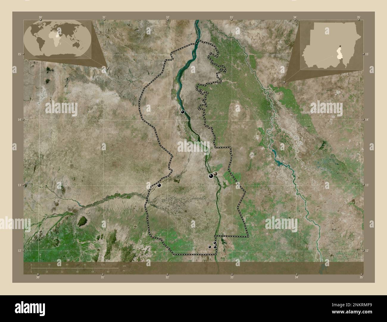 White Nile, state of Sudan. High resolution satellite map. Locations of ...