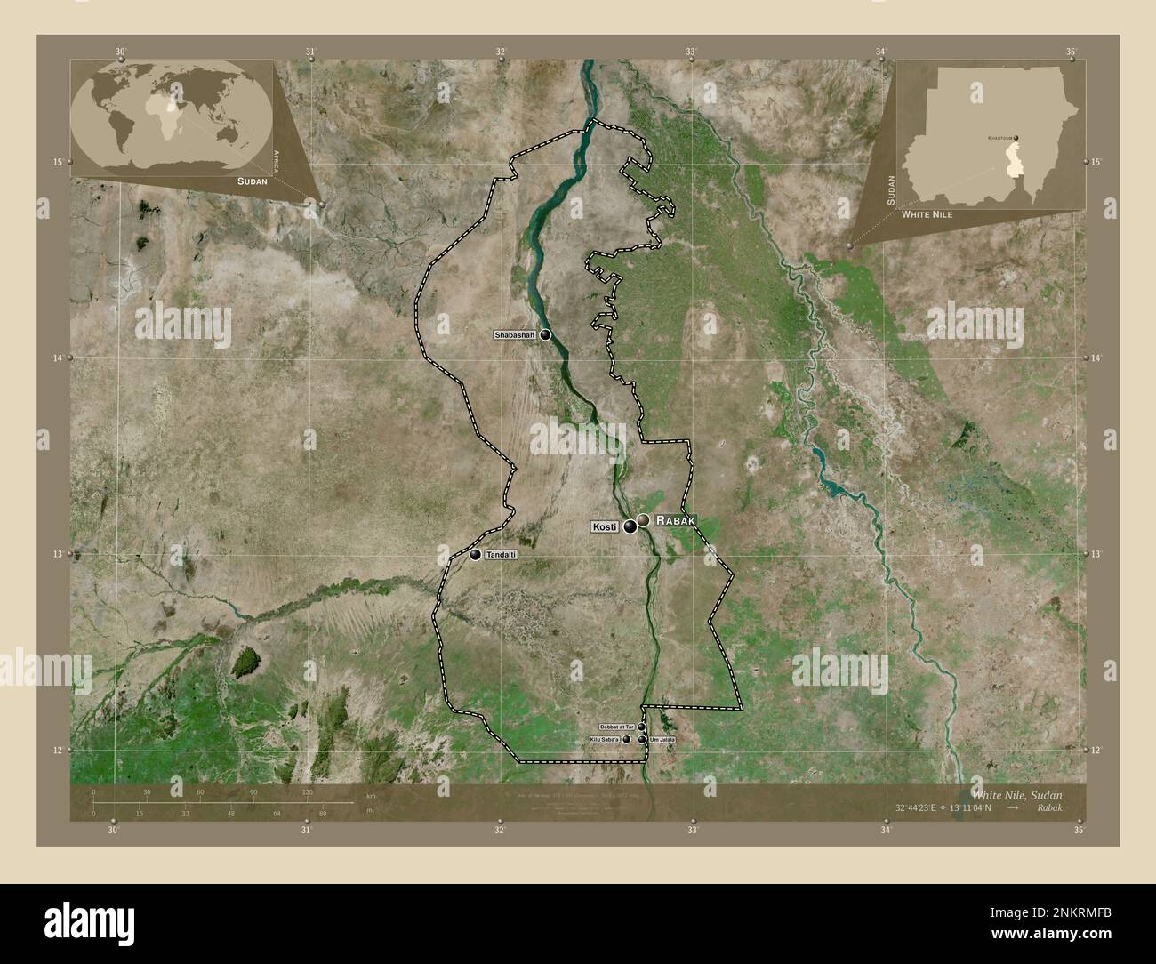 White Nile, state of Sudan. High resolution satellite map. Locations ...