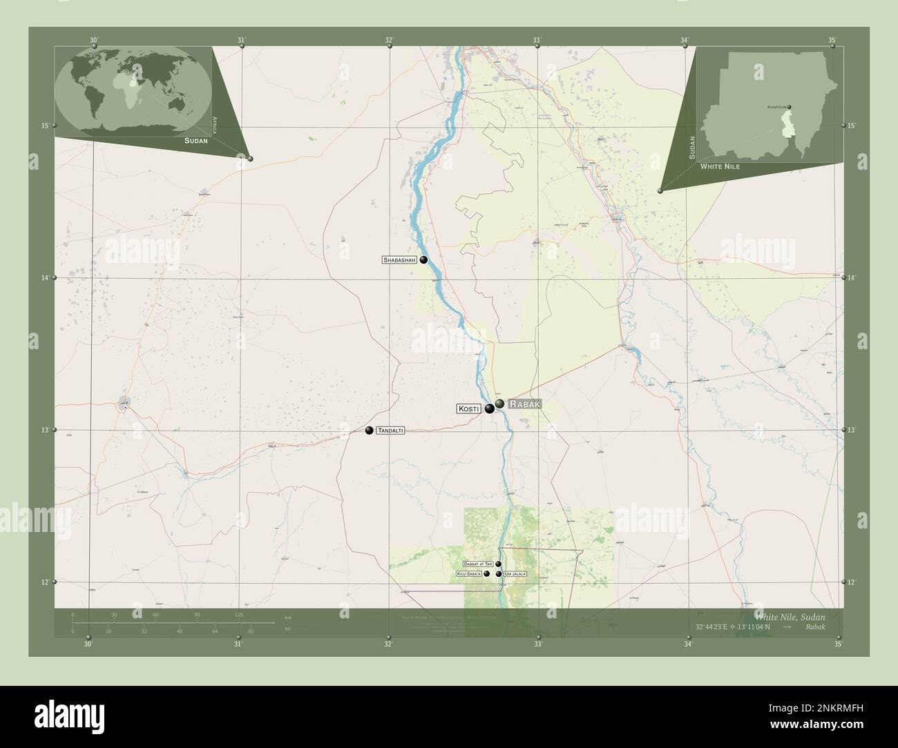 White Nile, state of Sudan. Open Street Map. Locations and names of ...