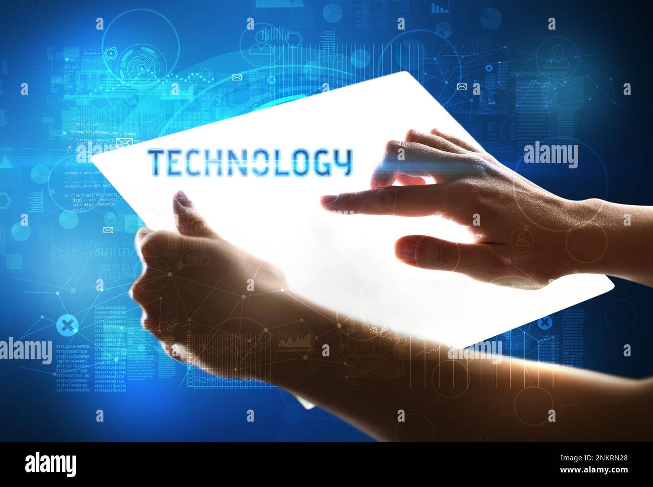 Hand holdig futuristic tablet , technology concept Stock Photo - Alamy