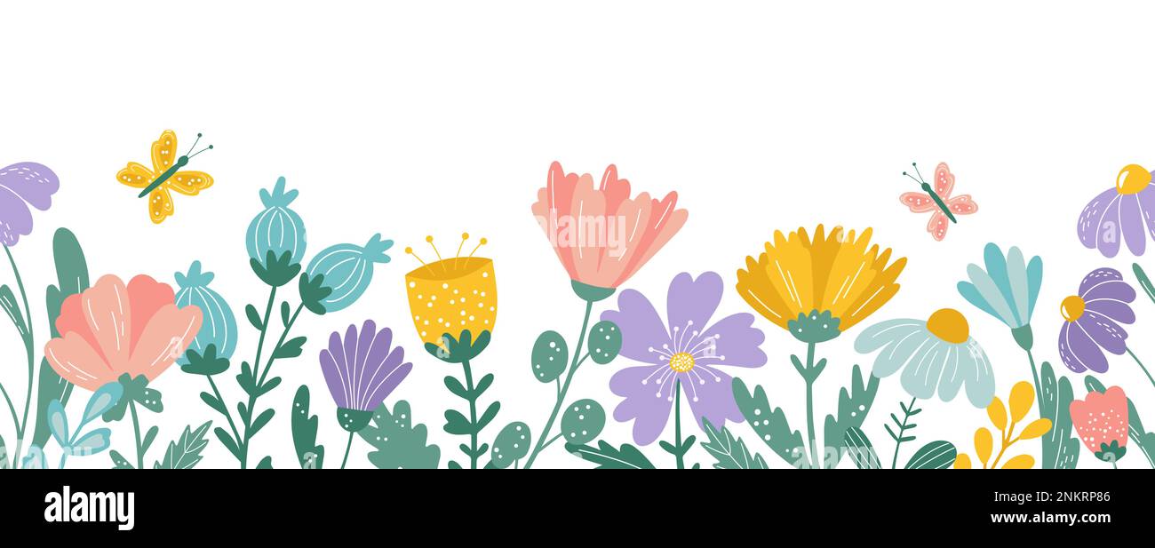 Spring flower border, floral garden. Summer bloom plants, cartoon flat ...