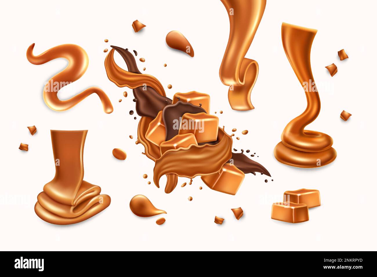 Realistic caramel, peanut butter splash. Toffee candies, swirl of ...