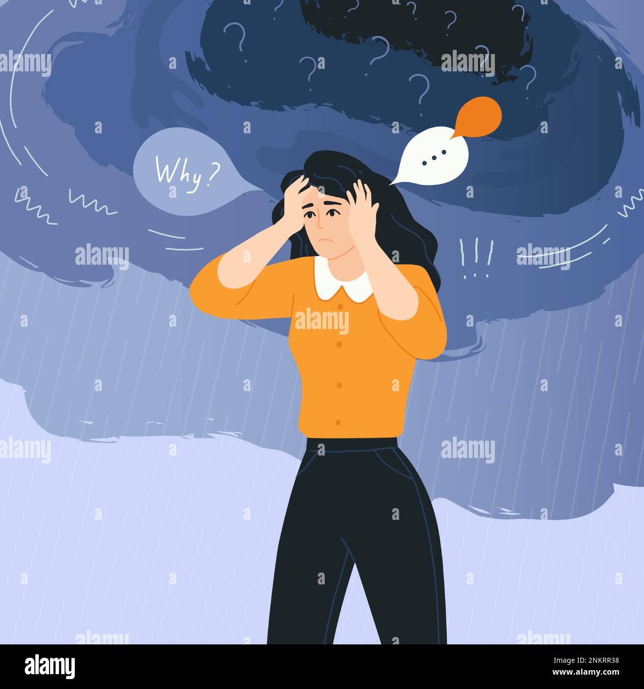 Anxiety and stress. Panic think. Disorder woman with worries cloud. Confused person. Mental ...