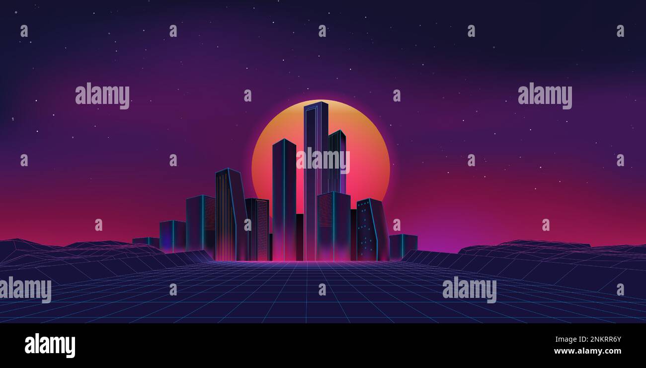 Retro game city, sci fi background. Futuristic 80s neon landscape, virtual grid, 90s future ...