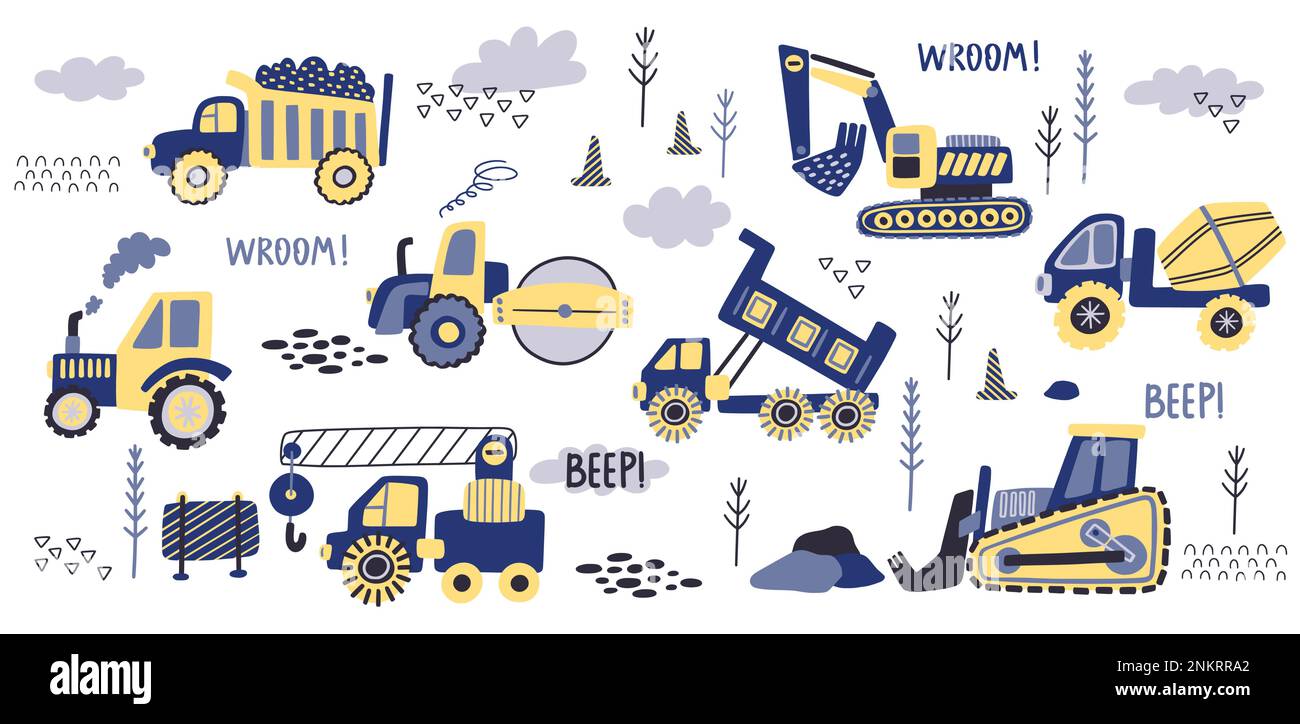 Cute kids excavator, truck and bulldozer. Doodle style drawing city ...