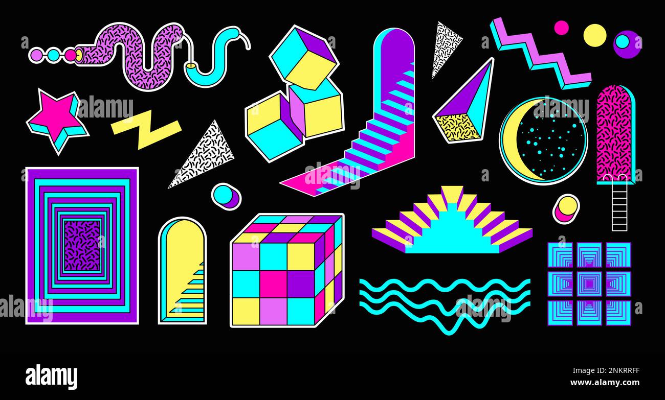 Trippy space stickers. Trendy neon shapes. Vintage 90s acid icons ...