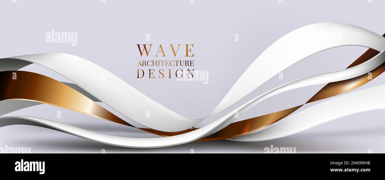 3D smooth texture. Soft white and gold ribbons. Wave architecture ...