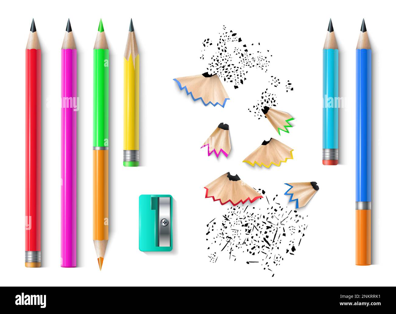 Realistic school stationery. Colorful pencils, sharpener, eraser and ...