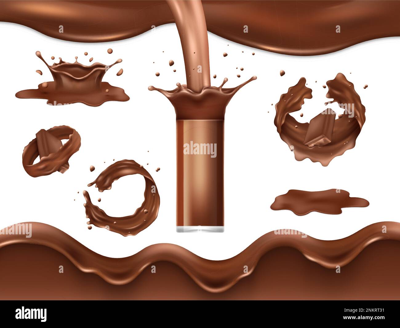Milk chocolate, coffee beverage, splash and drops, sweet drink in glass ...