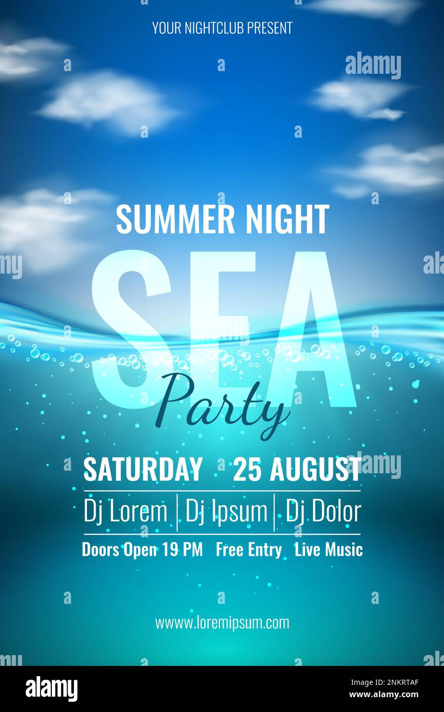 Summer party banner. Sea waves and sky. Ocean holiday invitation poster ...