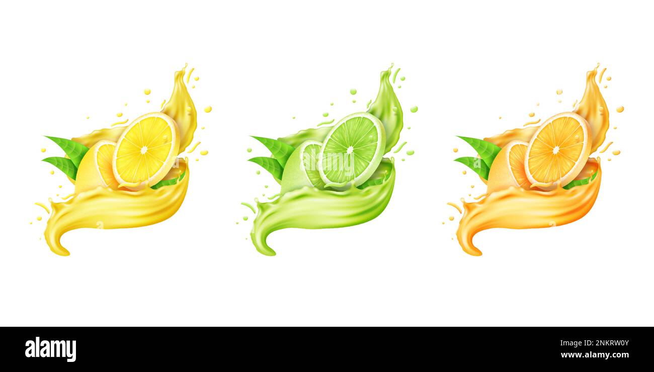 Citrus juice splash. Fresh orange, lemon and lime. Green and yellow fruits, juicy slice and ...