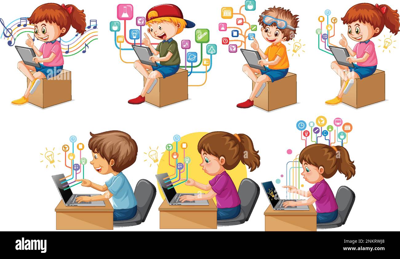 Cartoon Kids Using Laptops for Online Learning illustration Stock ...